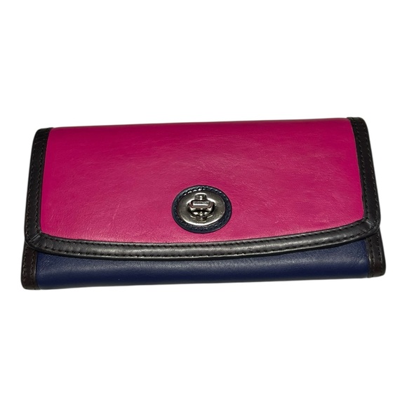 Coach | Bags | Coach Hot Pink Navy Blue Leather Turnlockbifold Wallet ...